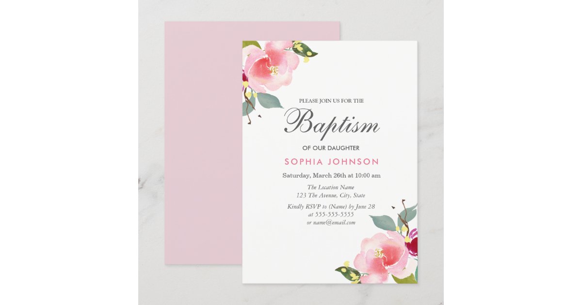 Pink Watercolor Flowers Baptism Christening Invite | Zazzle