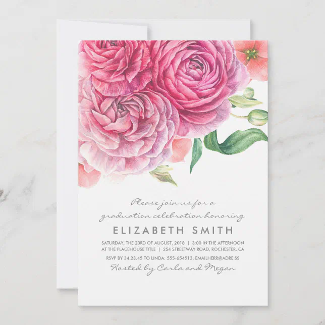 Pink Watercolor Flowers Elegant Modern Graduation Invitation | Zazzle