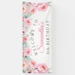Pink watercolor Flowers, Girl Birthday Banner | Zazzle