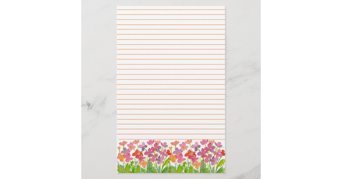 Pink Watercolor Flowers Orange Lined Stationery | Zazzle