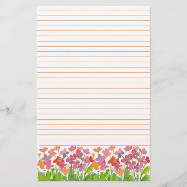 Pink Watercolor Flowers Orange Lined Stationery | Zazzle