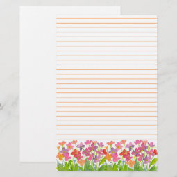 Pink Watercolor Flowers Orange Lined Stationery | Zazzle