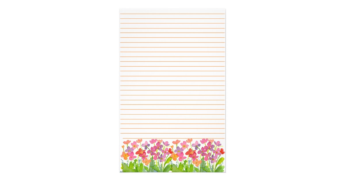 Pink Watercolor Flowers Orange Lined Stationery | Zazzle.com