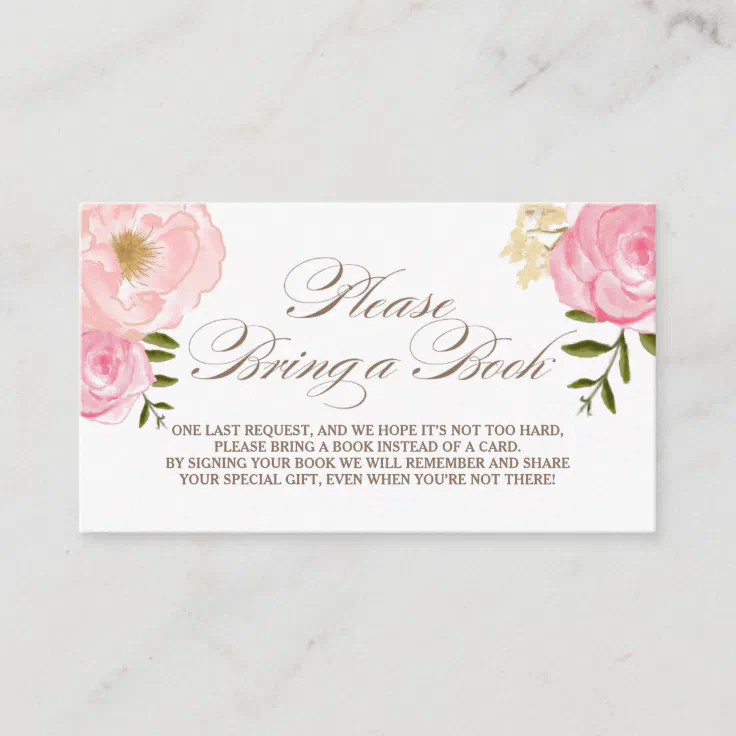 Pink Watercolor Flowers Please Bring a Book Card | Zazzle