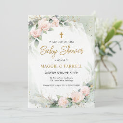 Pink Watercolor Flowers Religious Baby Shower Invitation | Zazzle