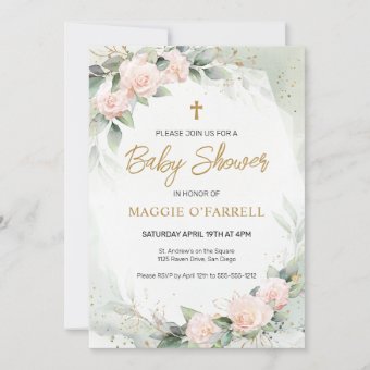 Pink Watercolor Flowers Religious Baby Shower Invitation | Zazzle