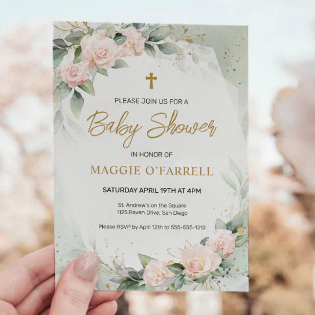 Pink Watercolor Flowers Religious Baby Shower Invitation | Zazzle