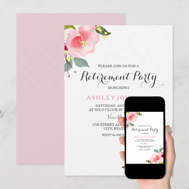 Pink Watercolor Flowers Retirement Party Invite | Zazzle