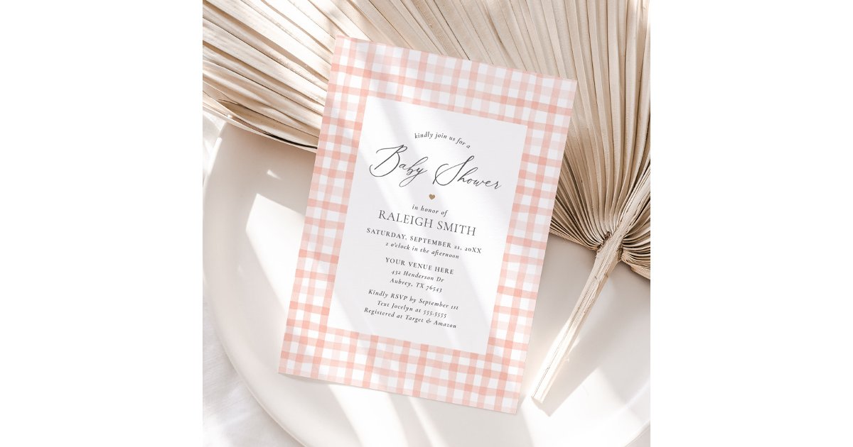 Pink Watercolor Gingham Girl Baby Shower Invitation | Zazzle