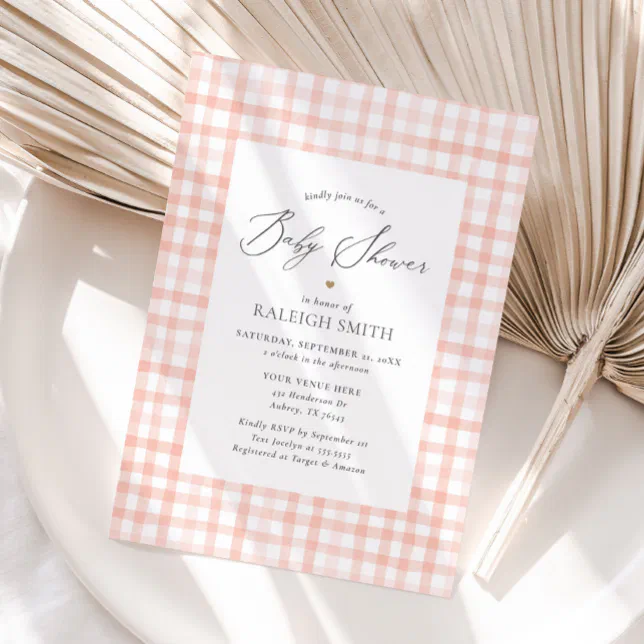 Pink Watercolor Gingham Girl Baby Shower Invitation | Zazzle