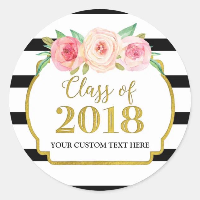 Pink Watercolor Gold Black Stripes Graduation 2018 Classic Round ...