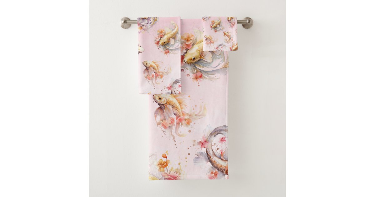 Pink Watercolor Gold Koi Fish Floral Bath Towel Set | Zazzle