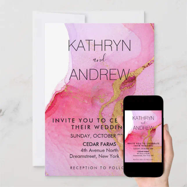 Pink Watercolor Gold Wedding Invitation | Zazzle