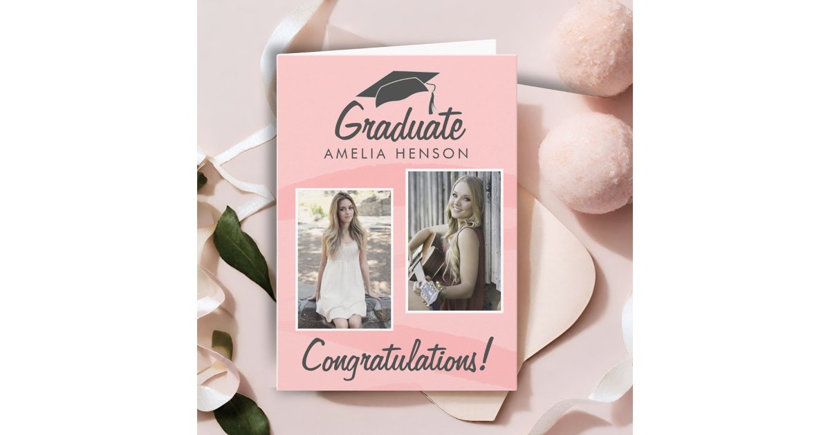 Pink Watercolor Graduate Congratulations 2 Photo Card | Zazzle