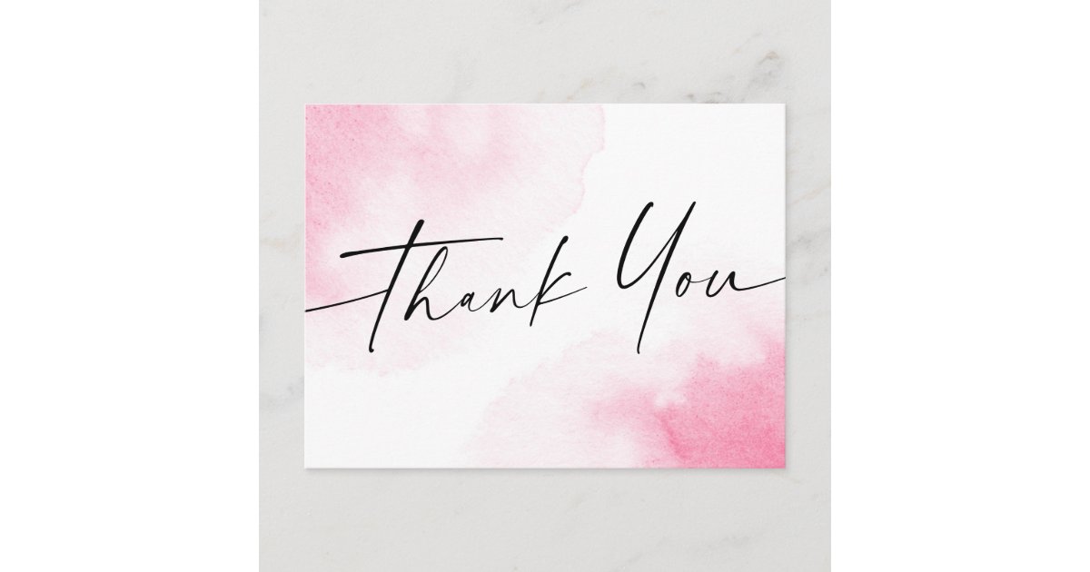 Pink watercolor handwritten style script thank you postcard | Zazzle