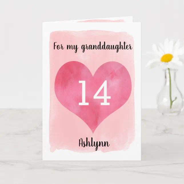 Pink Watercolor Heart 14th Birthday Granddaughter Card | Zazzle