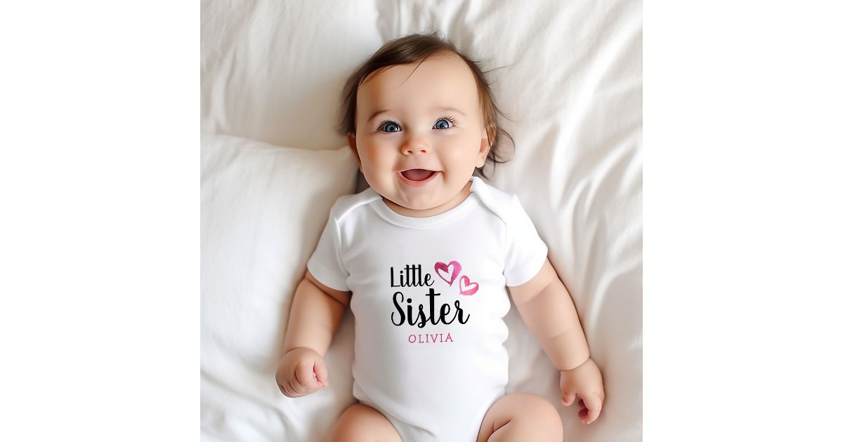 Pink Watercolor Hearts Little Sister Name Monogram Baby Bodysuit | Zazzle