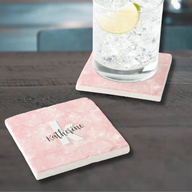 Pink Watercolor Initial Monogram Stone Coaster | Zazzle