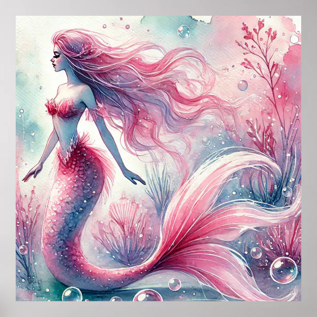 Pink Watercolor Large Mermaid Wall Art Posters | Zazzle