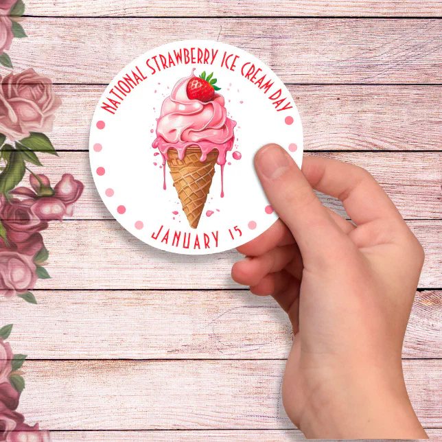 Pink Watercolor National Strawberry Ice Cream Day Classic Round Sticker ...