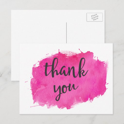 Pink Watercolor Paint Splatter Thank You Postcard | Zazzle