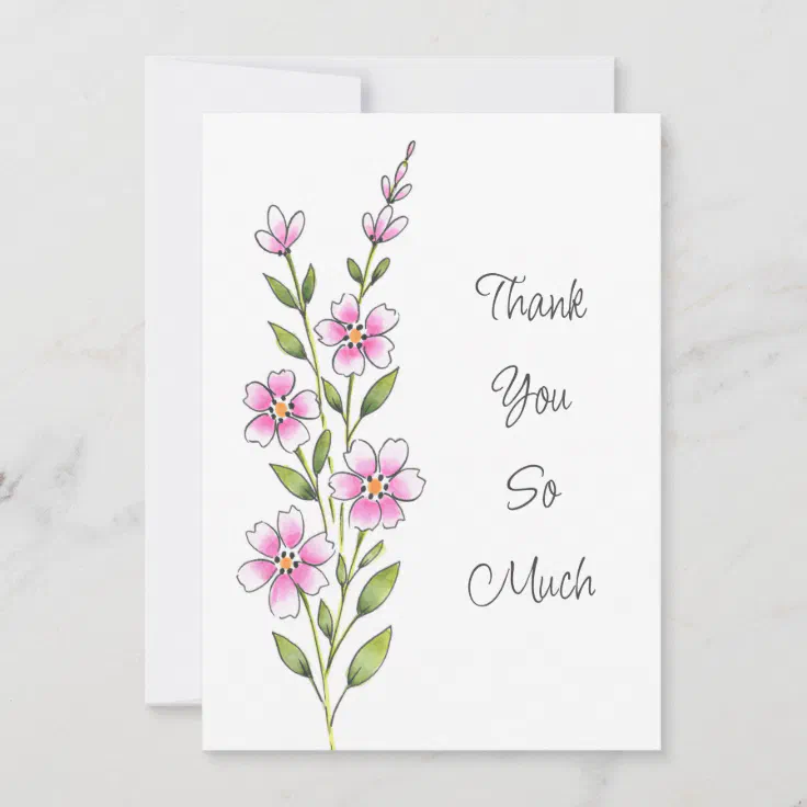 Pink Watercolor, Pen & Ink Floral Stem Thank You Card | Zazzle
