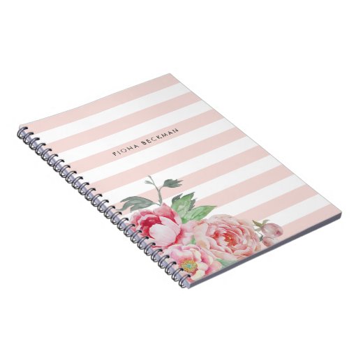 Pink Watercolor Peony & Blush Stripe Notebook | Zazzle
