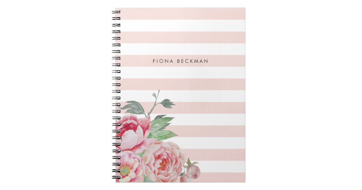 Pink Watercolor Peony & Blush Stripe Notebook | Zazzle.com