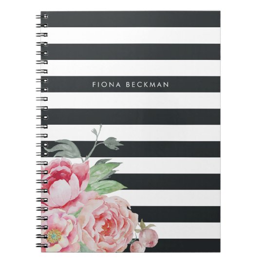 Pink Watercolor Peony & Charcoal Stripe Notebook | Zazzle.com