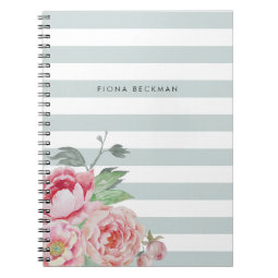 Pink Watercolor Peony & Mint Stripe Notebook | Zazzle
