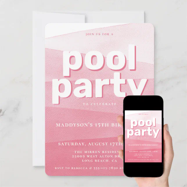 Pink Watercolor Pool Party Birthday Invitation | Zazzle