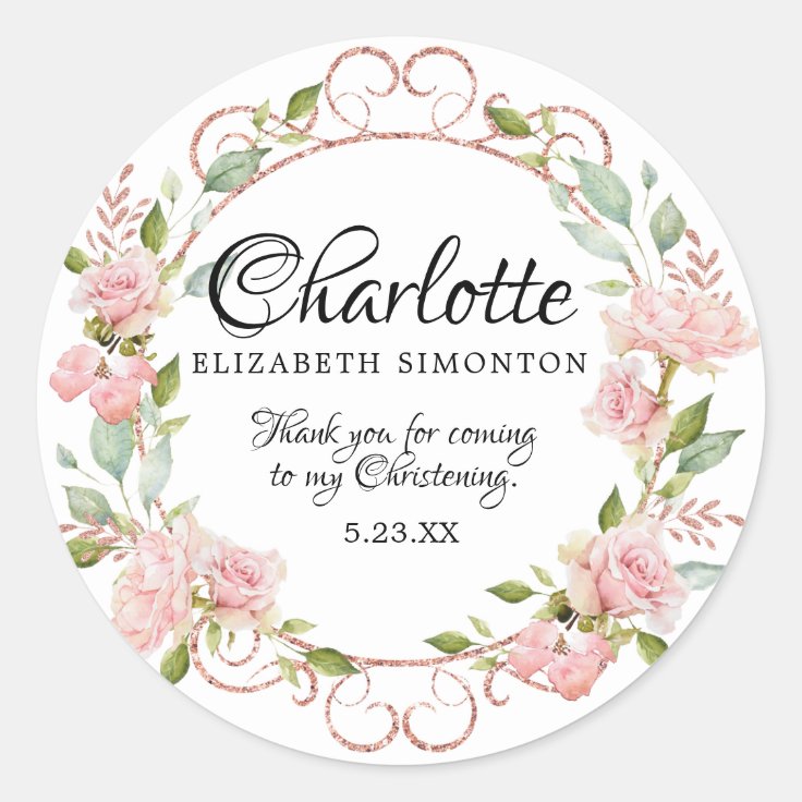 Pink Watercolor Rose Personalized Christening Classic Round Sticker ...