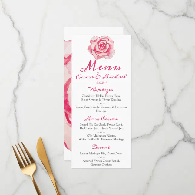 Pink Watercolor Rose | Wedding Menu | Zazzle