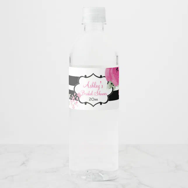 Pink Watercolor Roses and Stripes Water Bottle Label | Zazzle