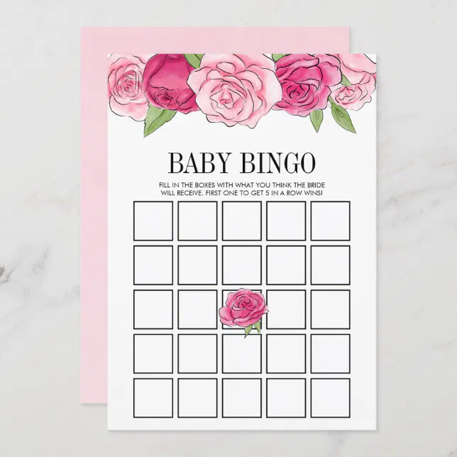 Pink Watercolor Roses Baby Shower Bingo Game Card | Zazzle