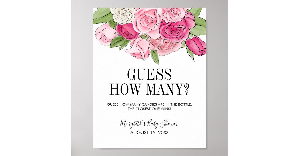 Pink Watercolor Roses Baby Shower Guess Game Poster | Zazzle