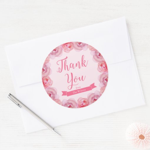 Pink Watercolor Roses Thank You Classic Round Sticker | Zazzle