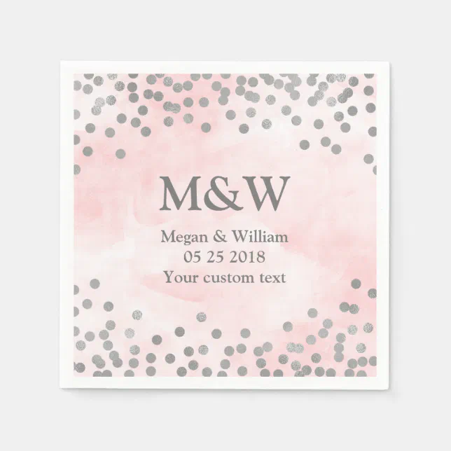 Pink Watercolor Silver Confetti Wedding Napkin | Zazzle