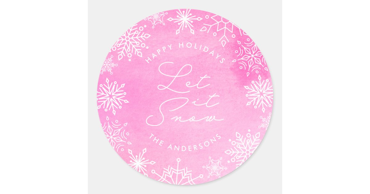 Pink Watercolor Snowflakes Let it Snow Holiday Classic Round Sticker ...