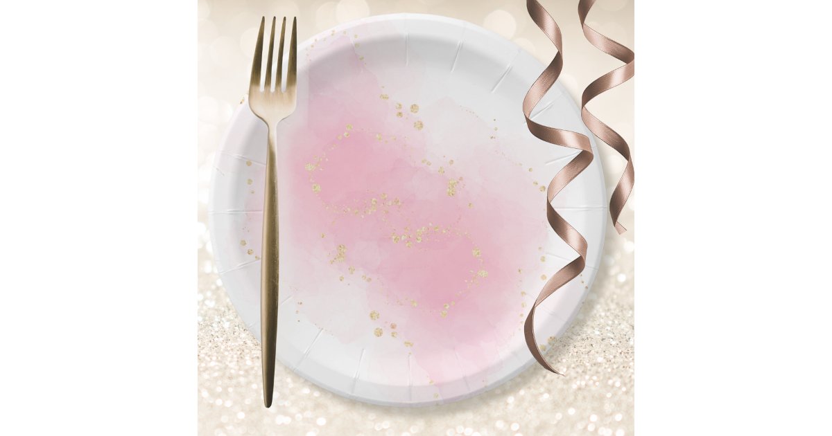 Pink Watercolor Splash Gold Sparkle Glitter Simple Paper Plates | Zazzle