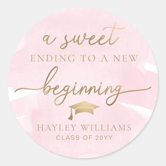 Pink Watercolor Sweet New Beginning Graduation Classic Round Sticker ...