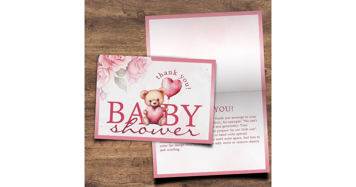 Pink Watercolor Teddy Bear Baby Shower Folding Thank You Card | Zazzle