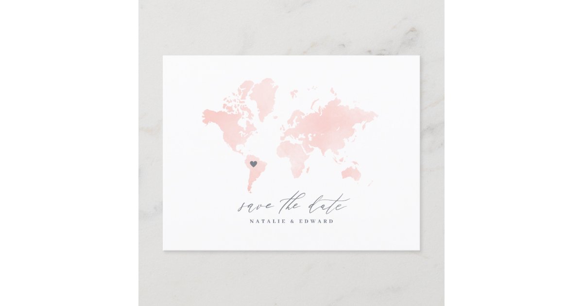 Pink watercolor world map wedding announcement | Zazzle