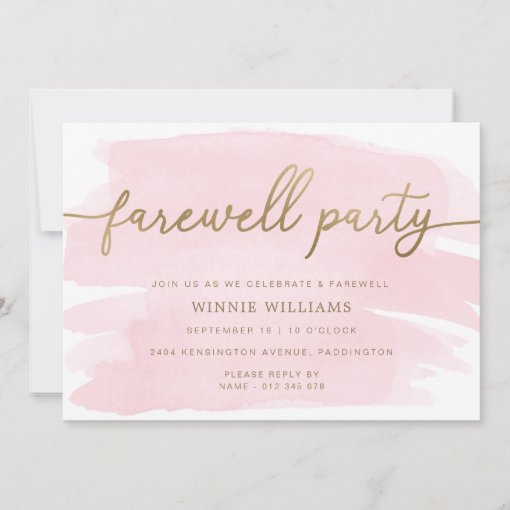Pink Watercolour Gold Farewell Party Invitation | Zazzle