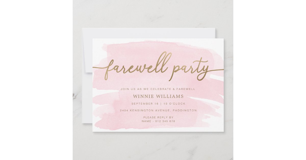 Pink Watercolour Gold Farewell Party Invitation | Zazzle