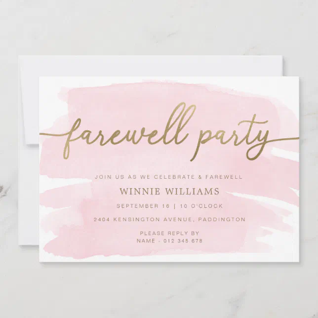 Pink Watercolour Gold Farewell Party Invitation | Zazzle