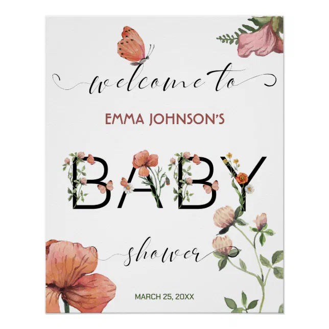 Pink Watercolour Poppies Baby Shower Welcome Poster | Zazzle