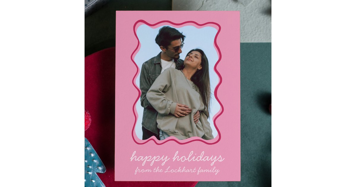 Pink Wavy Hand Drawn Whimsical Border Photo Holiday Card | Zazzle