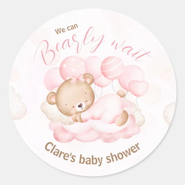 Pink We Can Bearly Wait Baby Shower Stickers | Zazzle