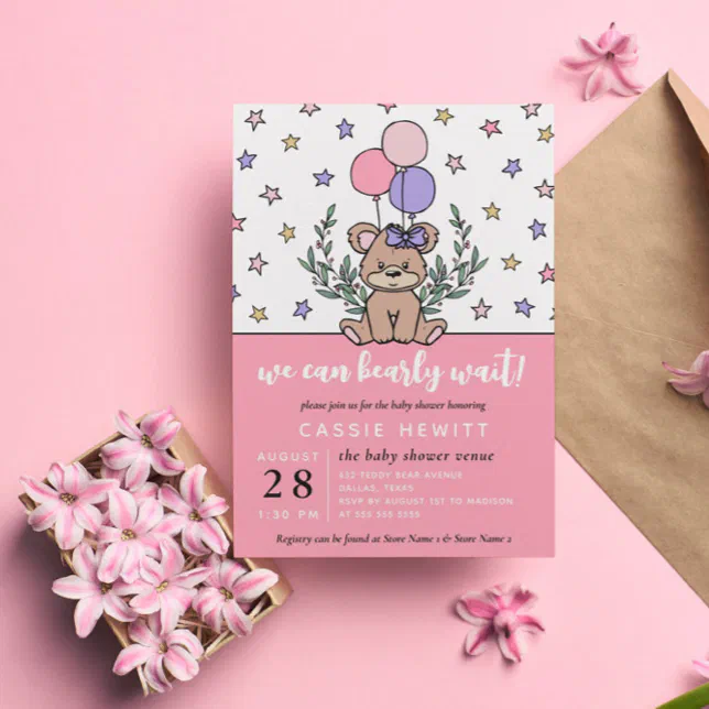Pink We Can Bearly Wait Girl Baby Shower Invitatio Invitation | Zazzle